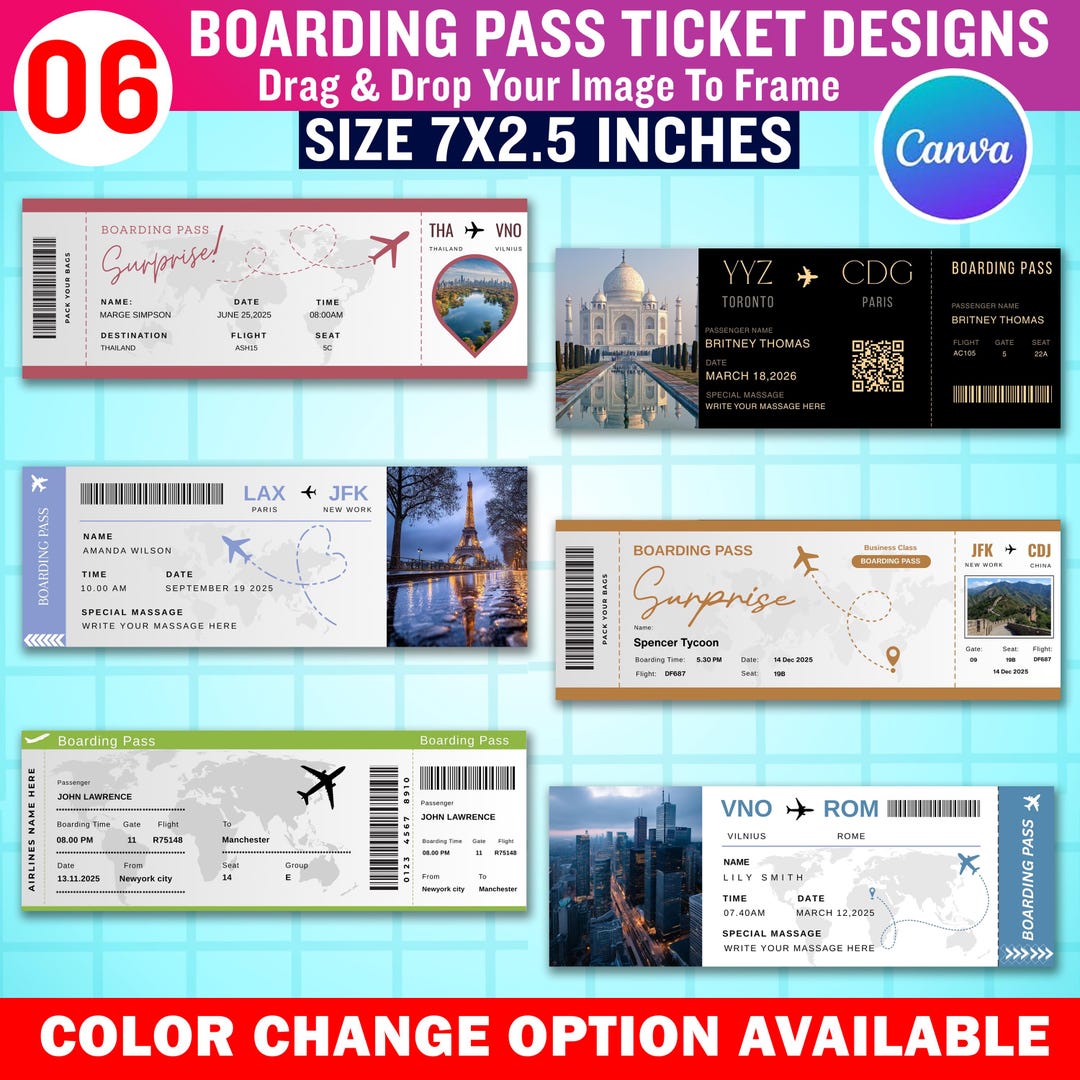 6x Boarding Pass Canva Templates | Editable Airline Ticket Design ...