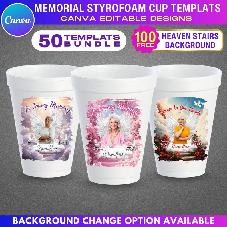 50x Memorial Styrofoam Cup Canva Templates | in Loving Memory Cup Label ...