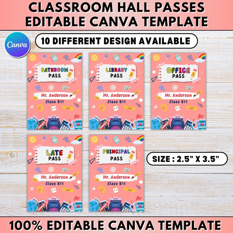 10x Classroom Hall Pass Canva Template Bundle, Editable Teacher Passes ...