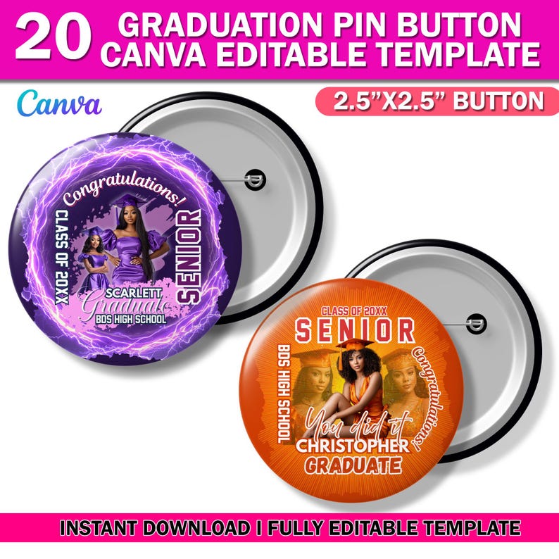 20x Graduation Pin Button Template Bundle, Congrats Class of 2026 ...