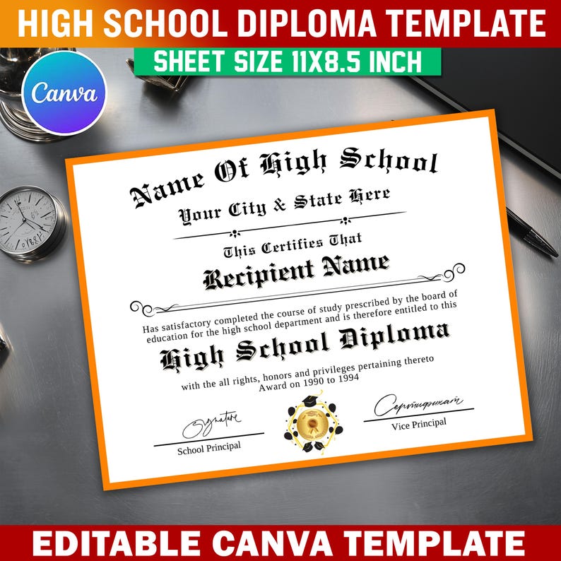 Editable High School Diploma Template | Graduation Certificate Replica ...