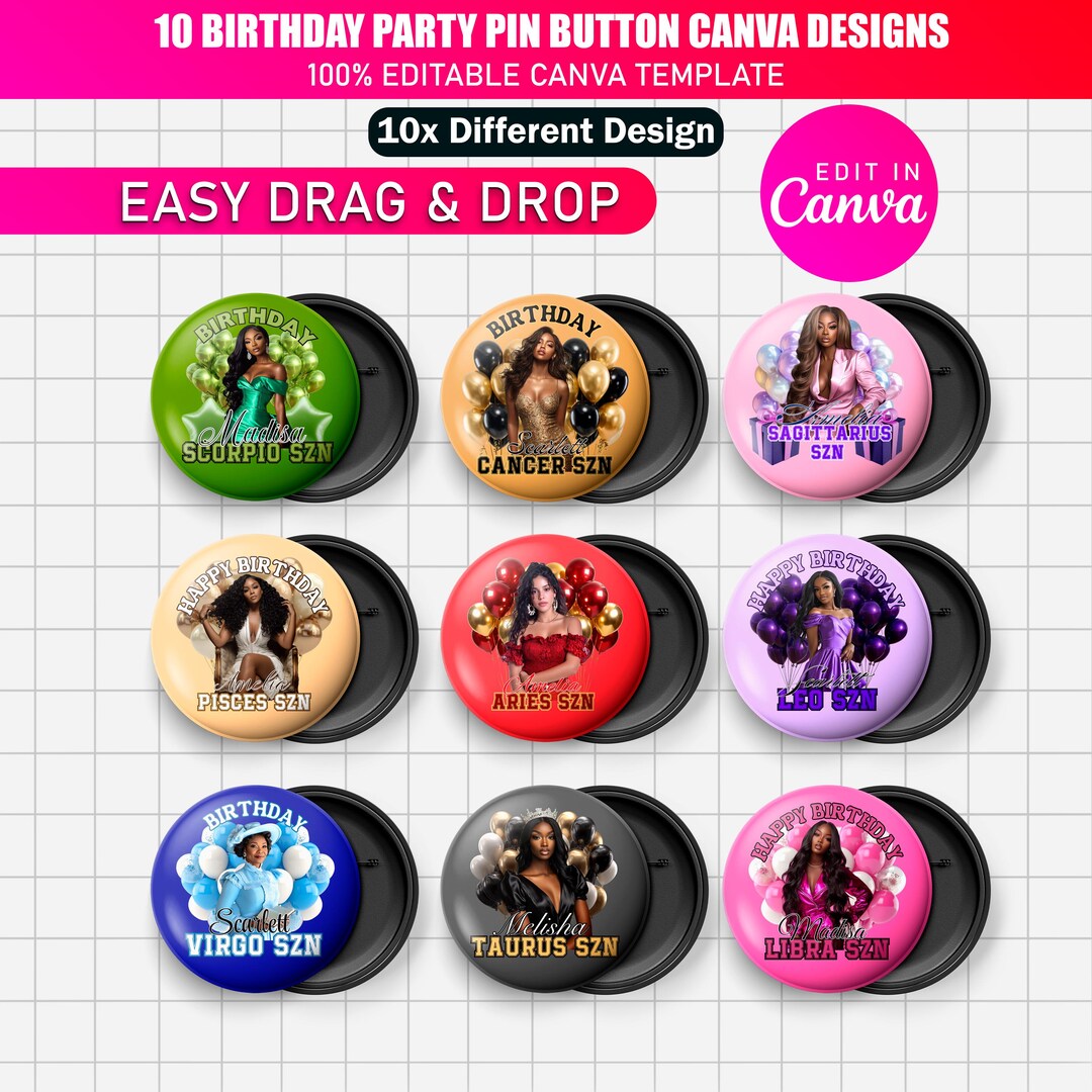 10x Birthday Party Pin Button Canva Templates | Birthday Zodiac Bootleg ...