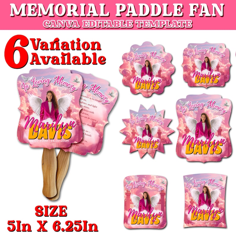 6x Pink Memorial Funeral Fan Canva Template | Editable Celebration of ...
