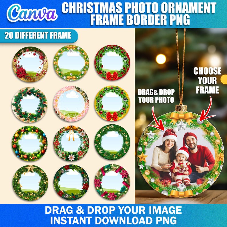 20x Christmas Photo Ornament PNG Bundle | Custom Photo Ornament Canva ...
