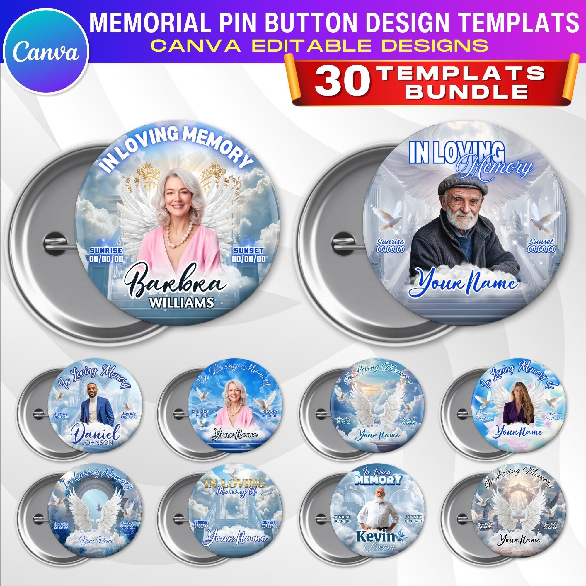 30x Memorial Blue Pin Button Templates Bundle | Editable Canva Funeral ...