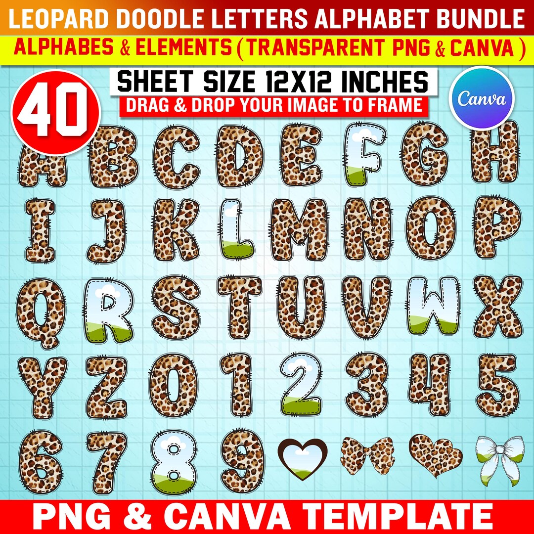 Leopard Doodle Letters Alphabet PNG Bundle | Cheetah Hand Drawn Doodle ...