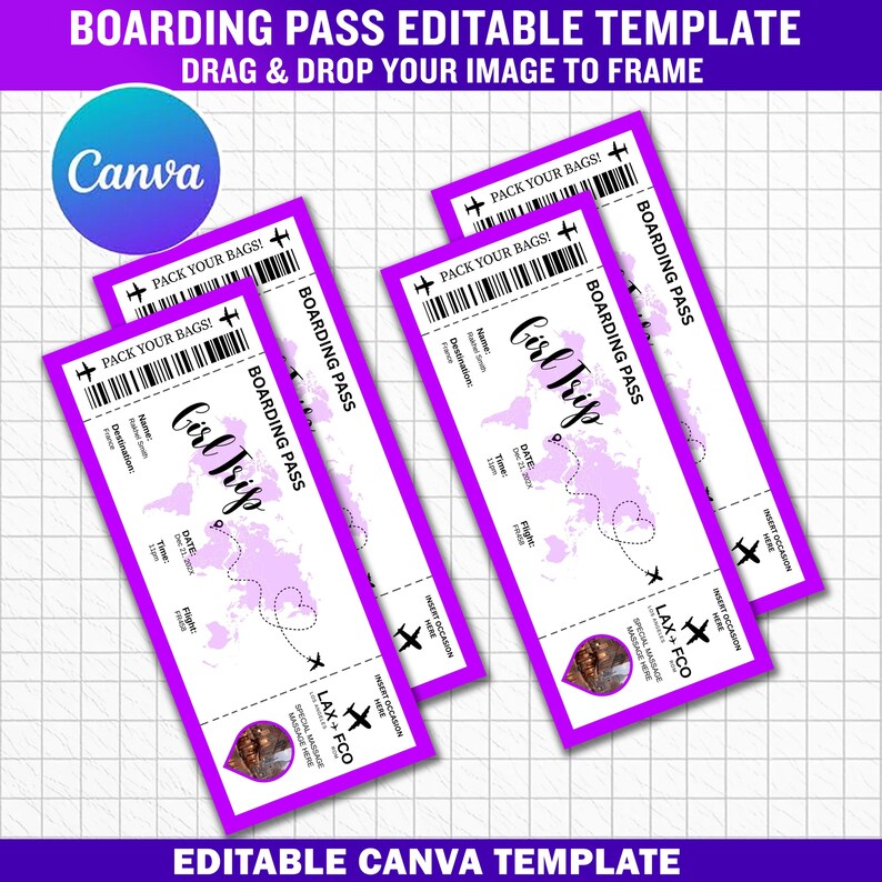 Editable Boarding Pass Template | Girl Trip Airline Ticket | Canva Editable Surprise Trip Ticket ...