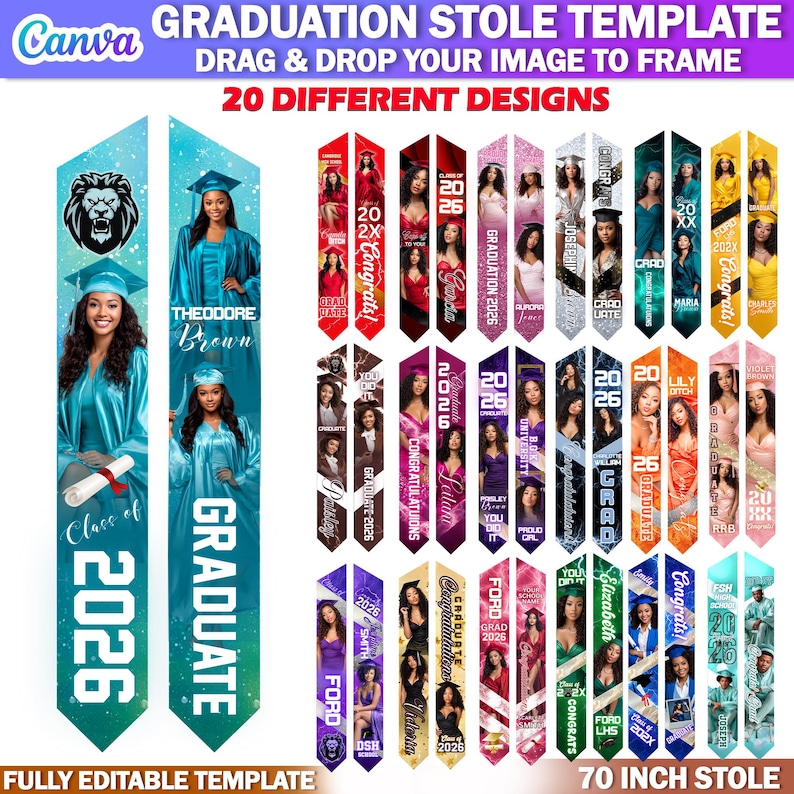 20x Graduation Stole Canva Editable Template Bundle, Graduation Sash ...