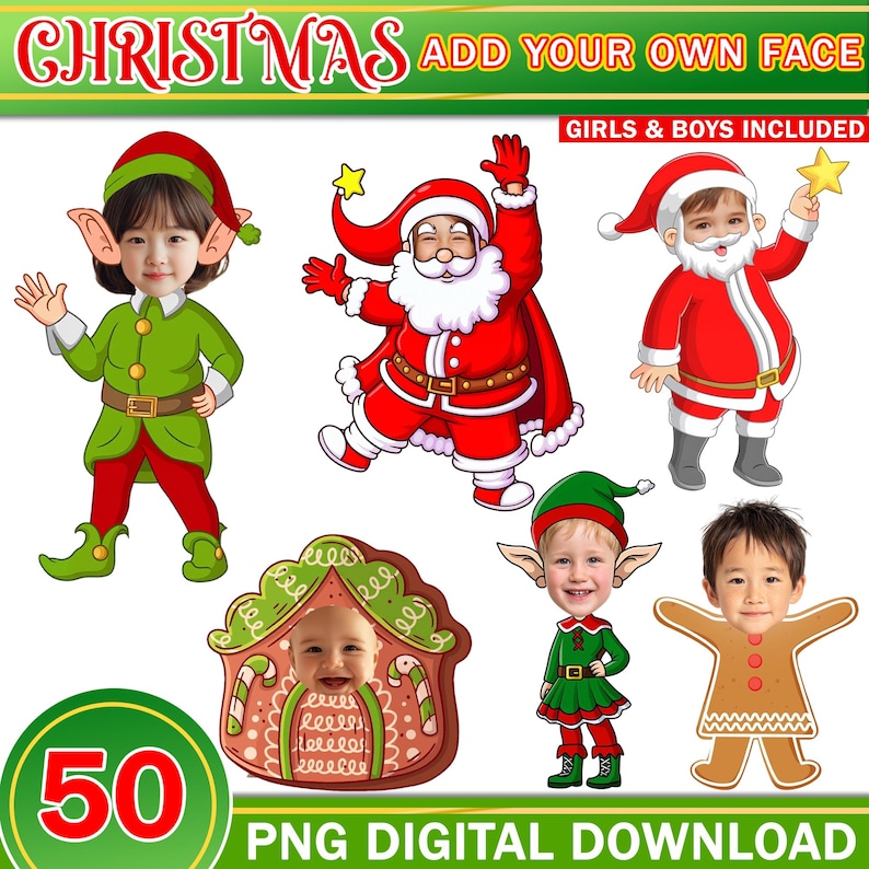 50x Christmas Add Your Own Photo Face Bundle, DIY Elf Yourself PNG, Elf ...