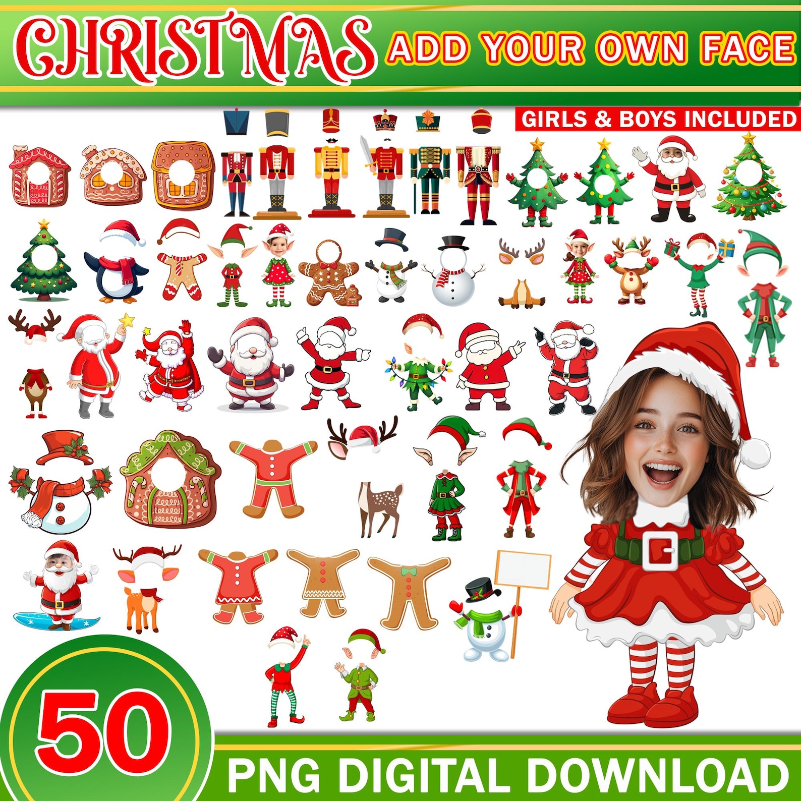 50x Christmas Add Your Own Photo Face Bundle, DIY Elf Yourself PNG, Elf ...