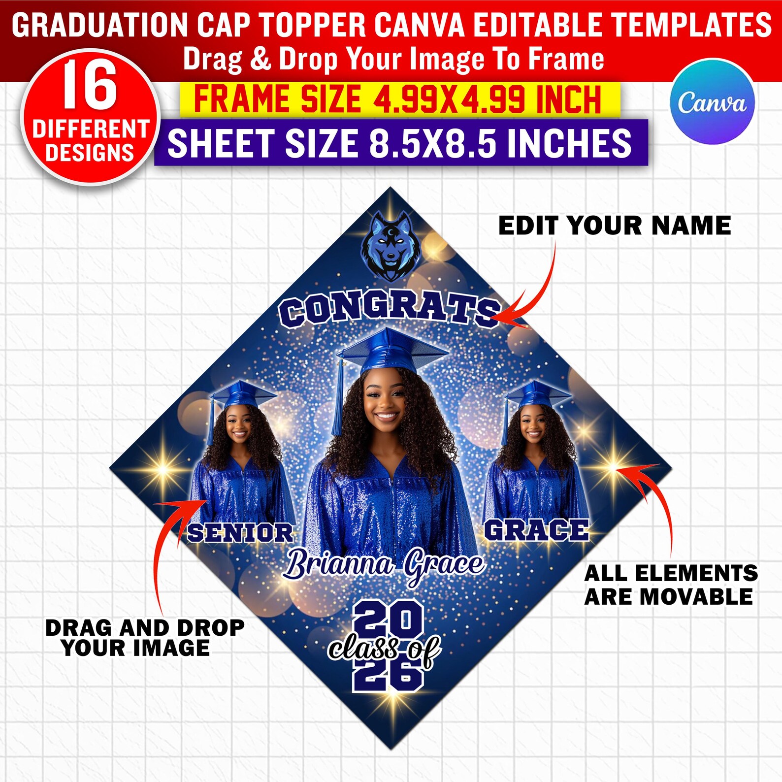 16x Graduation Cap Topper Canva Bundle | Personalized Photo Strip Cap ...