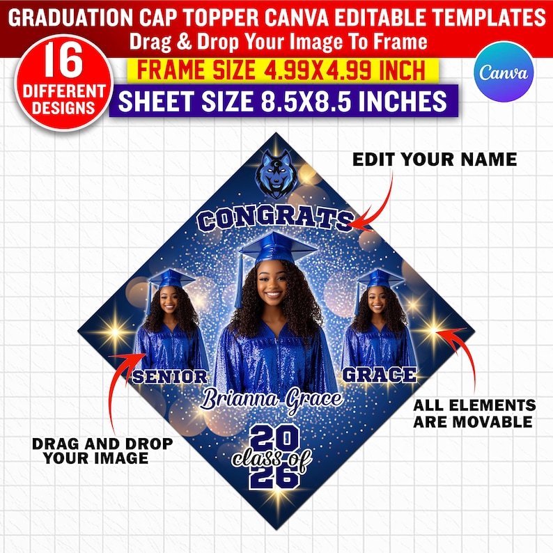 16x Graduation Cap Topper Canva Bundle | Personalized Photo Strip Cap ...