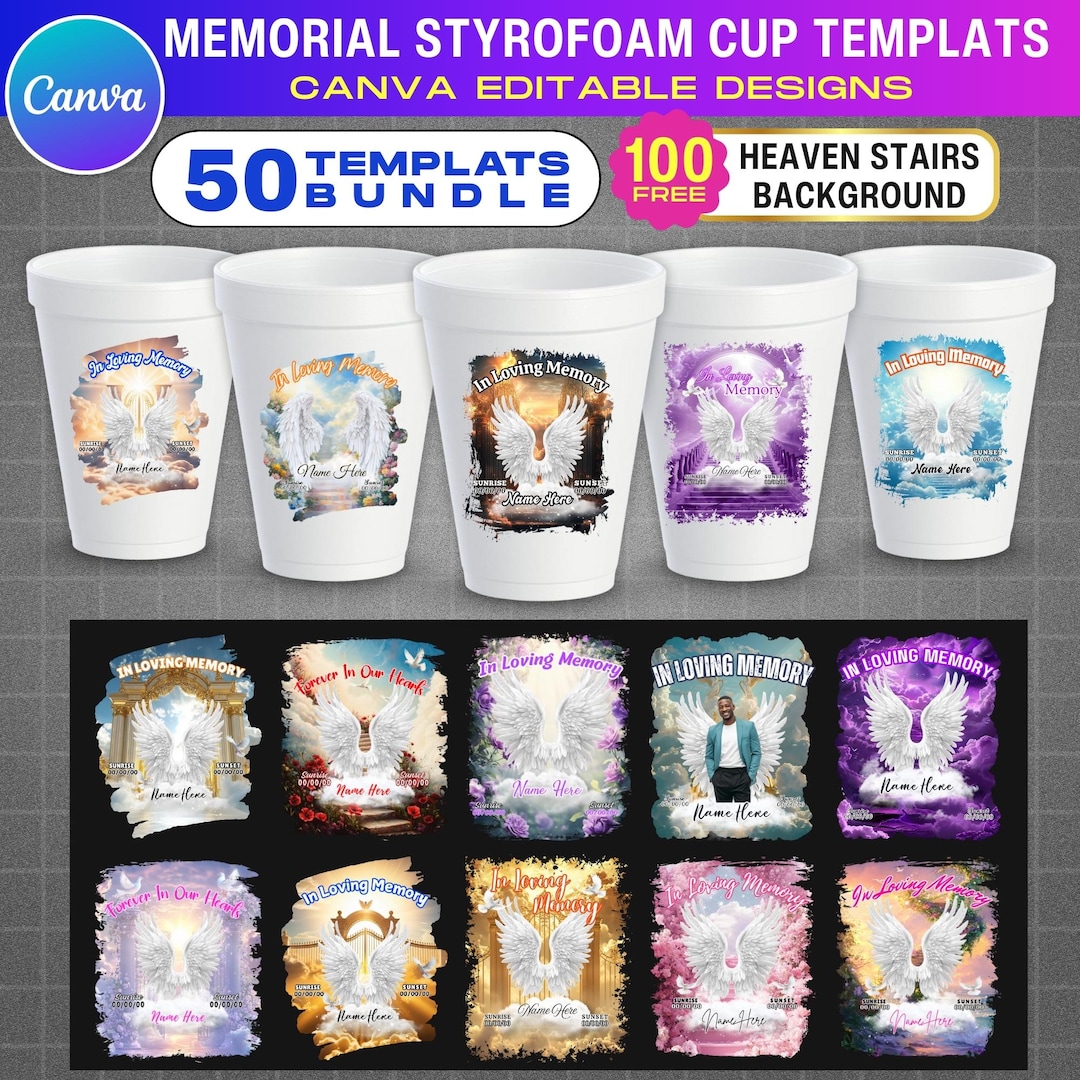 50x Memorial Styrofoam Cup Canva Templates | in Loving Memory Cup Label ...