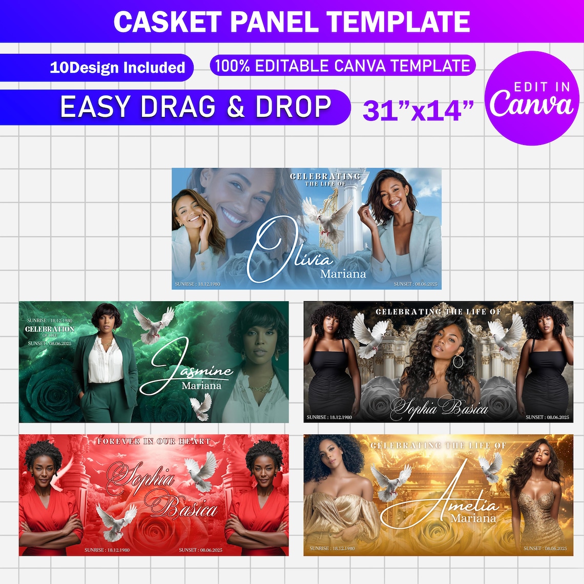 10x Casket Panel Template Bundle, Editable Memorial Casket Panel ...