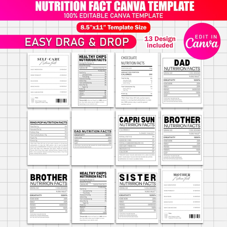 13x Nutrition Facts Canva Template Bundle | Editable Label Design ...