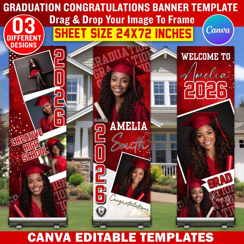 3x Red Graduation Banner Canva Editable Template, Class of 2026 ...