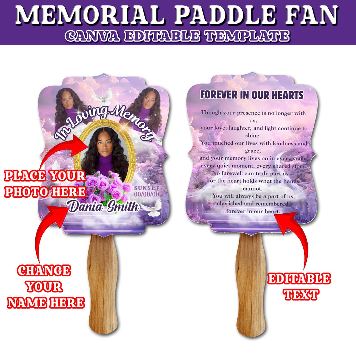 6x Purple Memorial Paddle Fan Design Template, Funeral Editable ...
