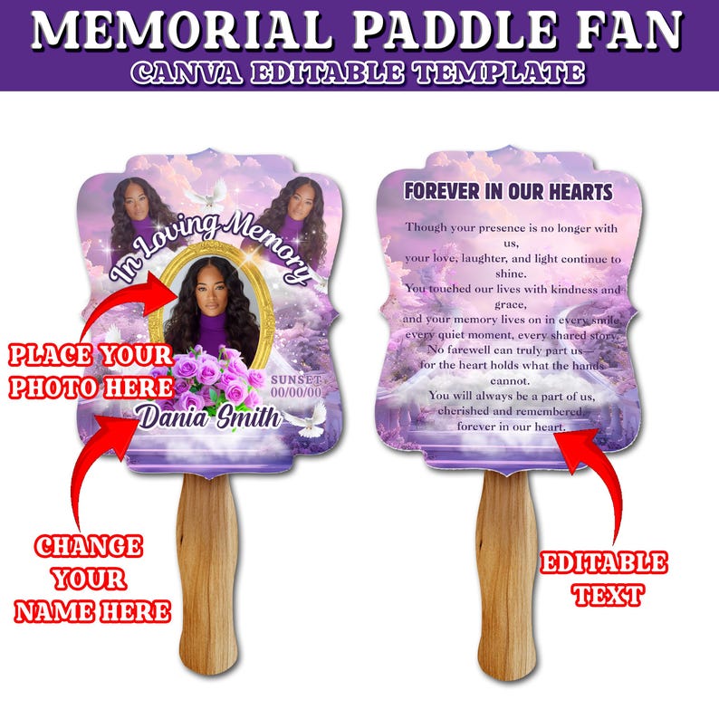 6x Purple Memorial Paddle Fan Design Template, Funeral Editable ...