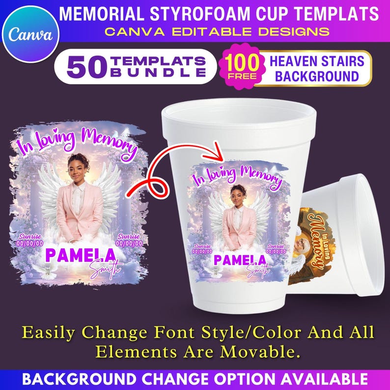 50x Memorial Styrofoam Cup Canva Templates, in Loving Memory Cup Label ...