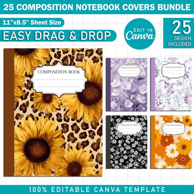 25x Composition Notebook Covers Bundle, Canva Editable Back to School ...