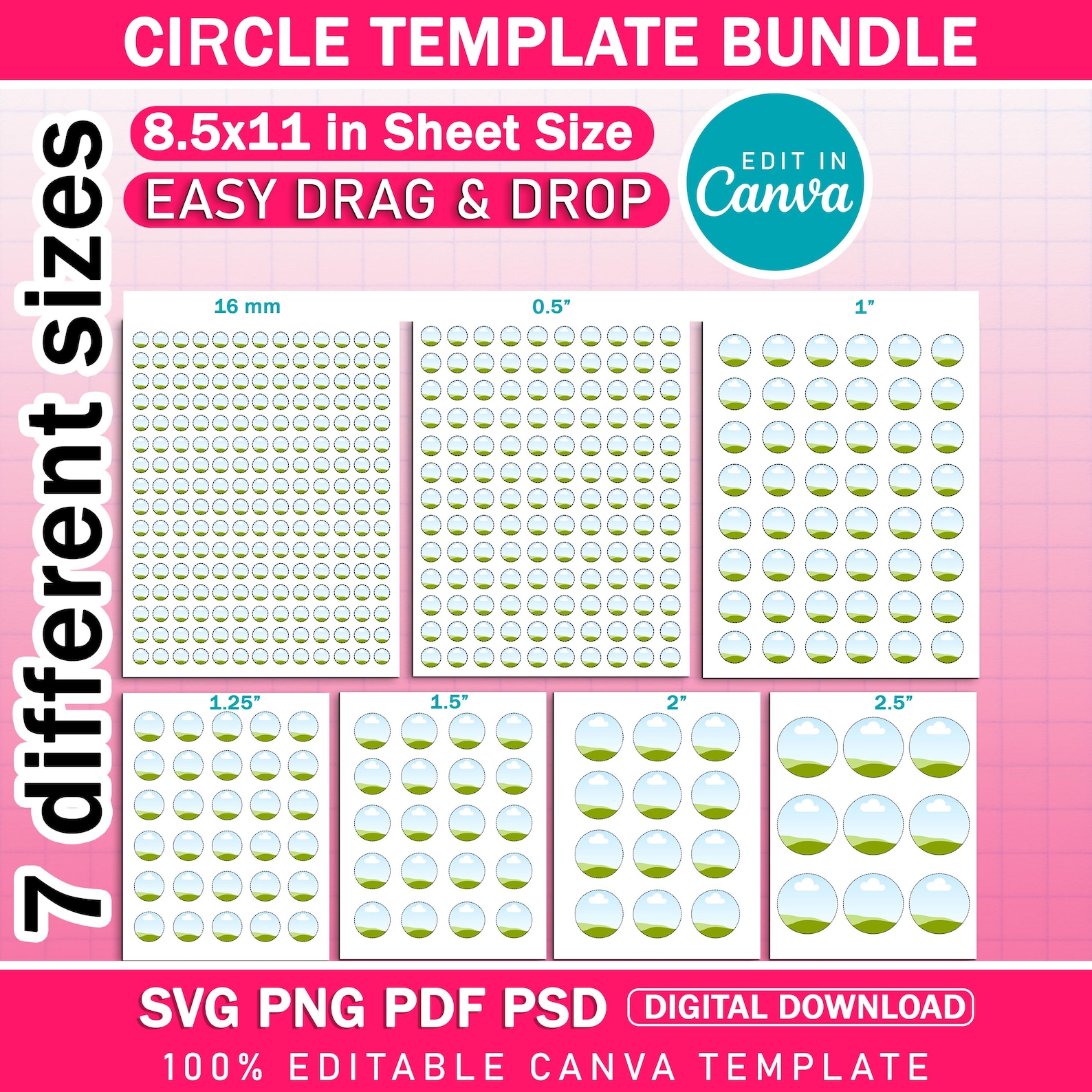 7x Circle Template Bundle | Round Label SVG PDF Png | Multipurpose ...