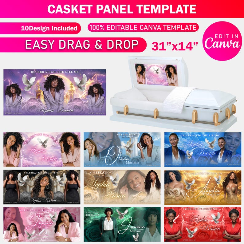 10x Casket Panel Template Bundle, Editable Memorial Casket Panel Designs, Red, Blue & Green ...
