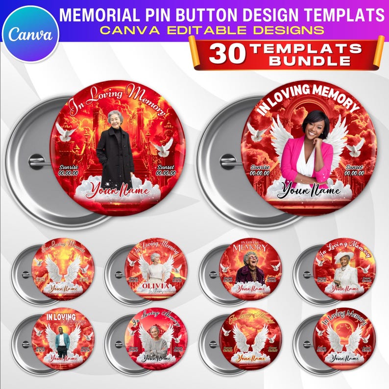 30x Memorial Red Pin Button Canva Templates | in Loving Memory Red ...