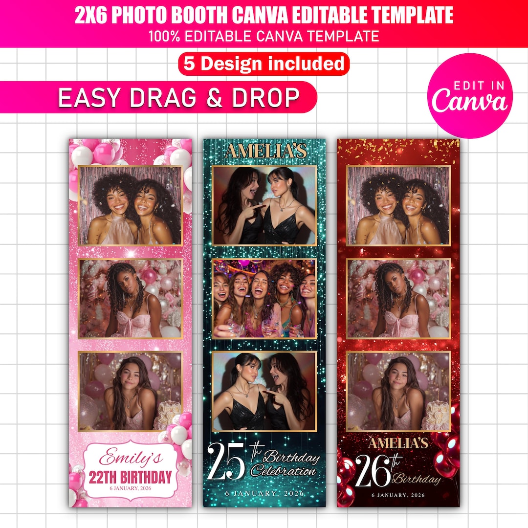 2x6 Photo Booth Canva Editable Template | 5X Birthday & Party Frame ...
