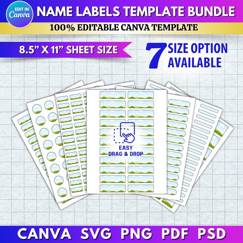 7x Name Labels Canva Editable Template Bundle | Custom Label Frame ...