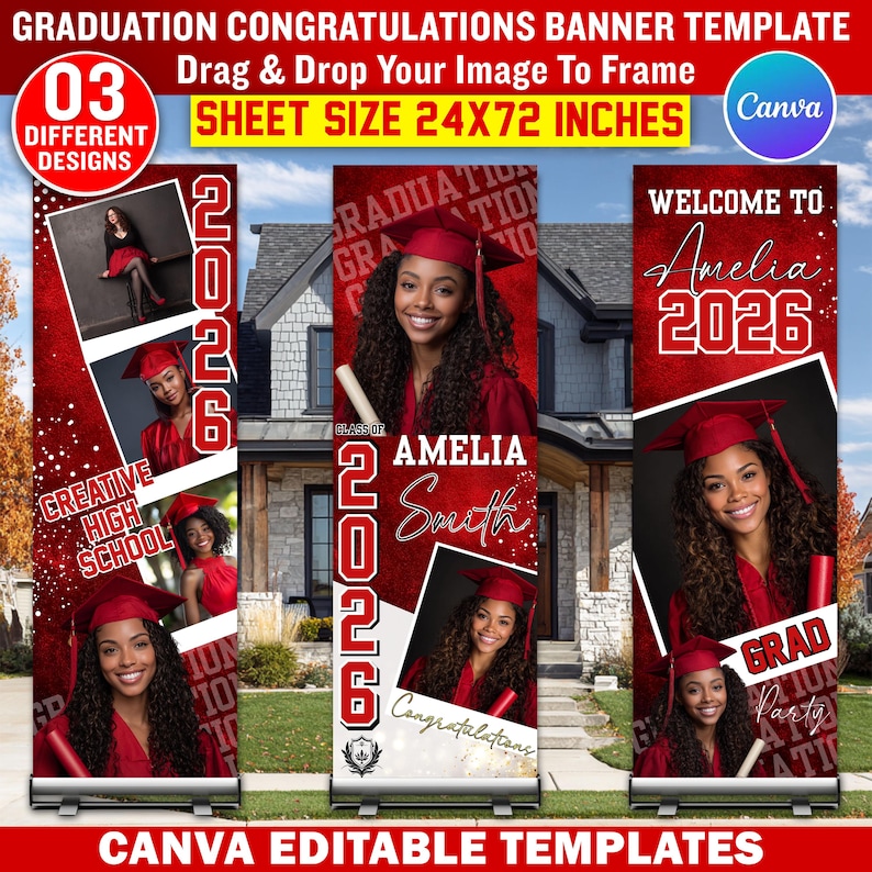 3x Red Graduation Banner Canva Editable Template, Class of 2026 ...