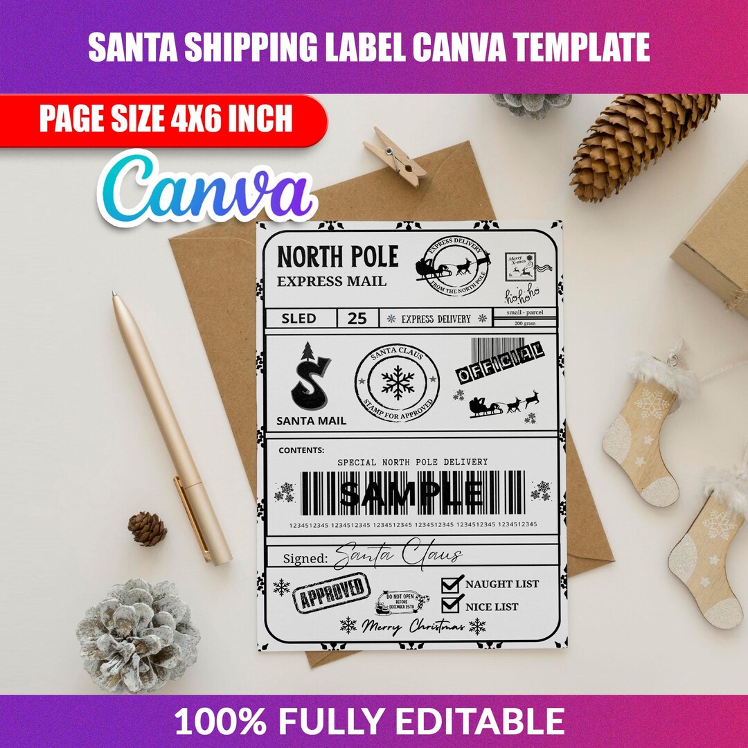 Editable Santa Shipping Label Canva Template | Personalized North Pole ...