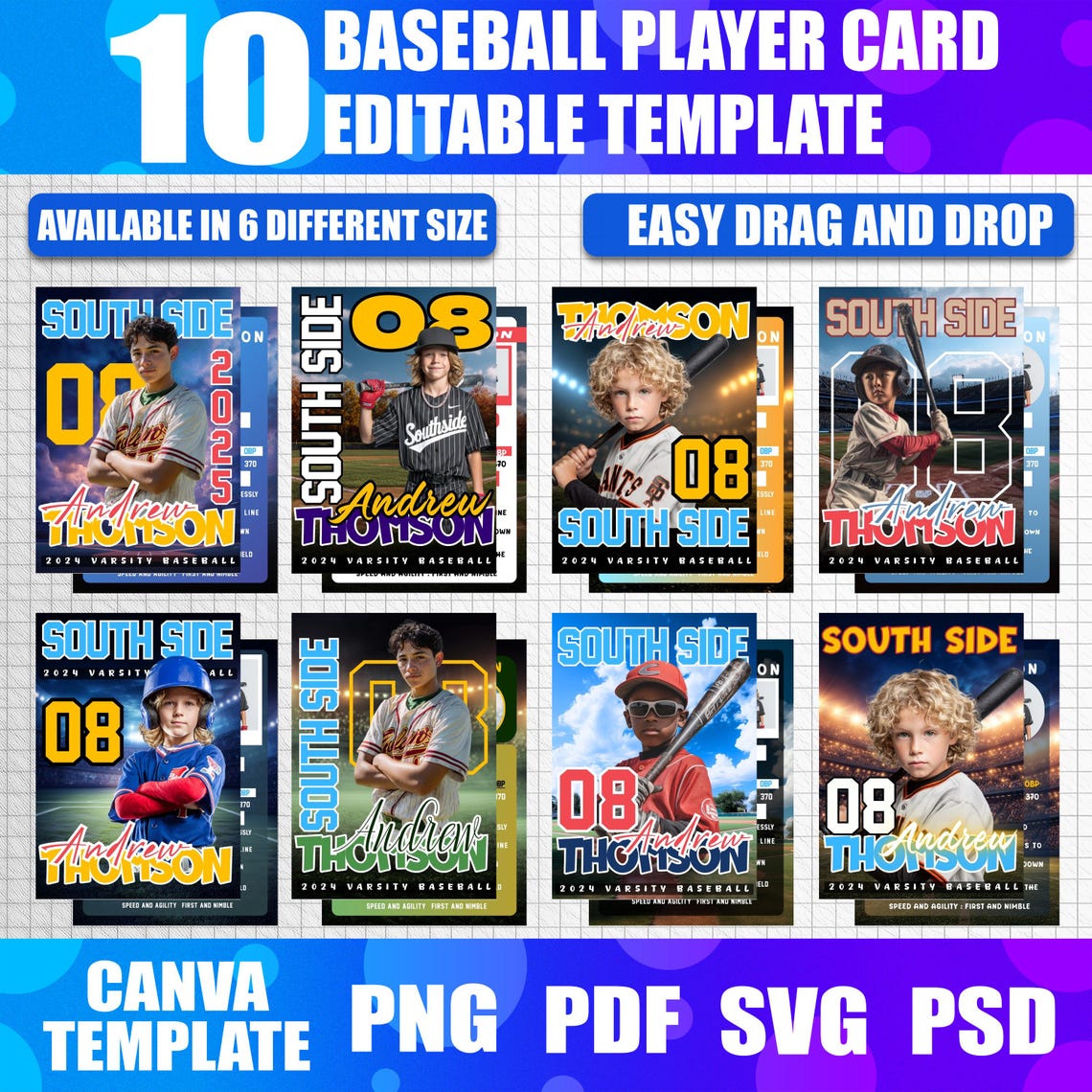 6x Custom Baseball Player Card Canva Templates | Editable Rookie Card ...
