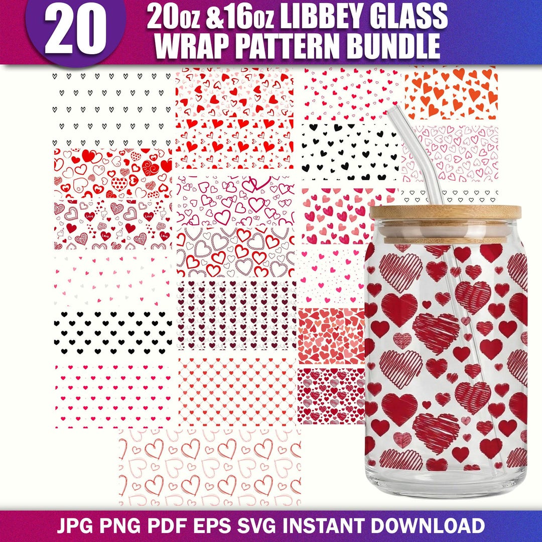 Libbey Glass Wrap SVG Bundle | 16oz & 20oz Libbey Can Wrap | Heart ...