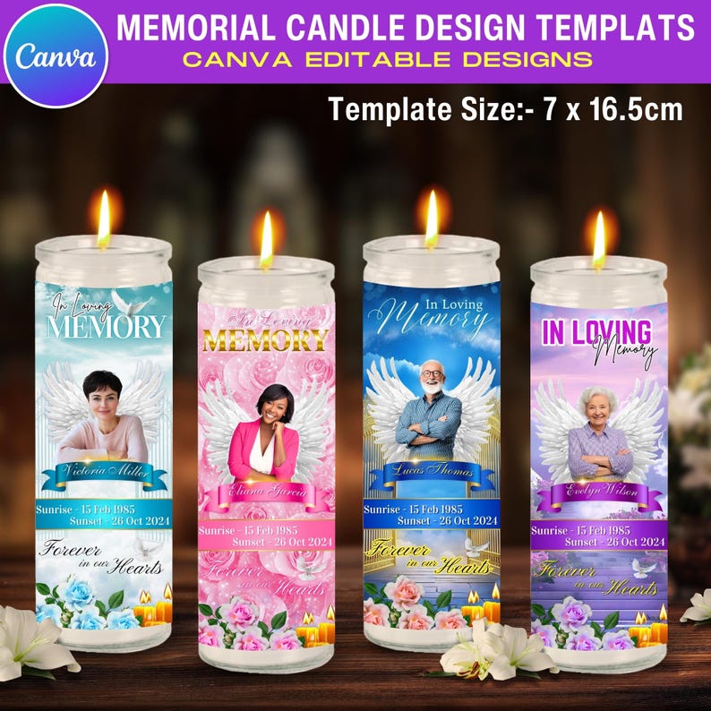 20x Memorial Candle Sticker Templates | Editable Canva Candle Wraps ...
