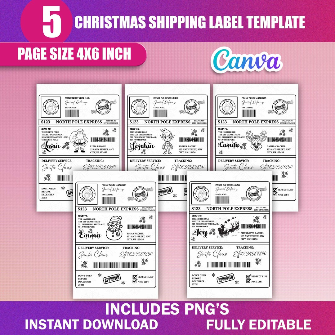 5x Christmas Shipping Label Canva Template Bundle | 5 Designs | Santa ...