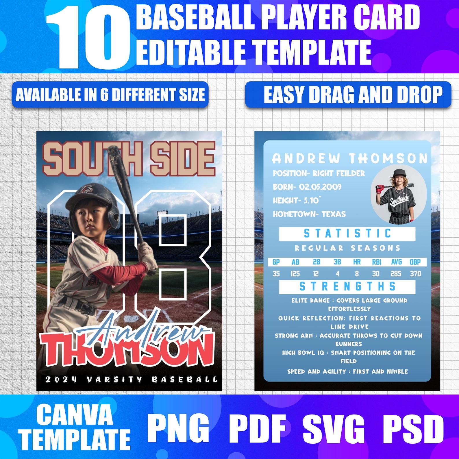 6x Custom Baseball Player Card Canva Templates | Editable Rookie Card ...