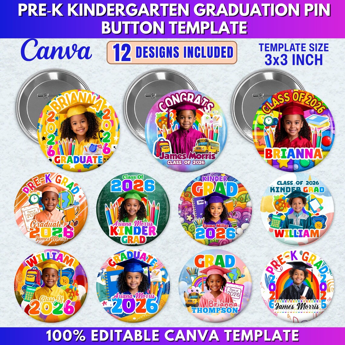 12x Pre‑k Kindergarten Graduation Pin Button Template, Editable Canva ...