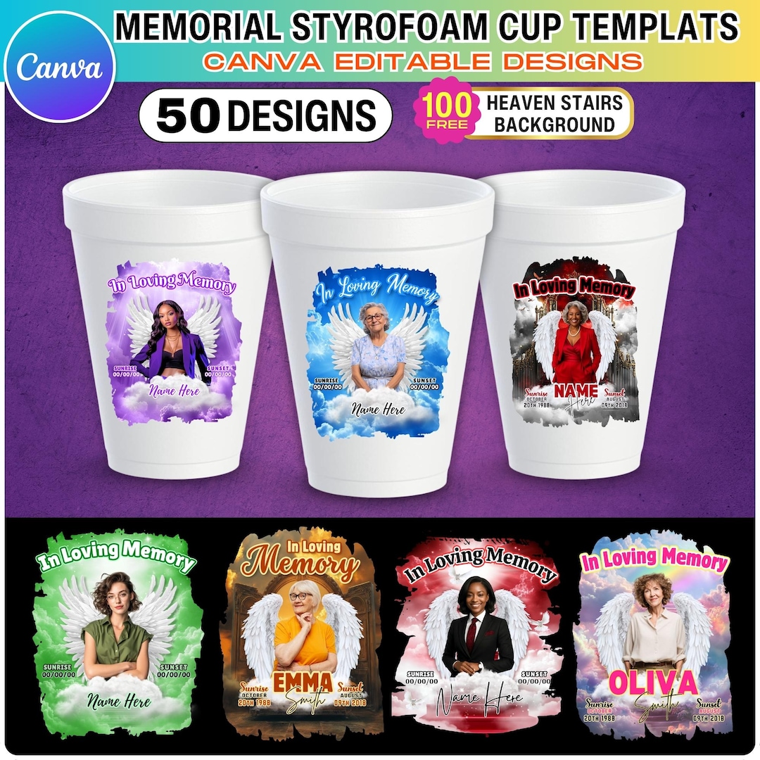 50x Memorial Styrofoam Cup Canva Templates, in Loving Memory Cup Label ...