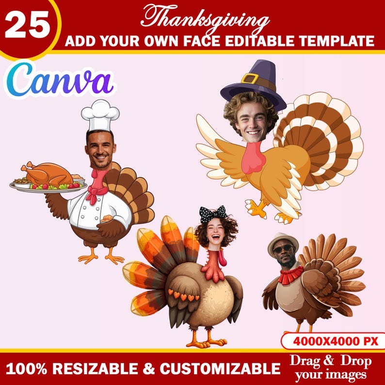 25x Thanksgiving Turkey Photo Frames | DIY Canva Class Decor | Editable ...