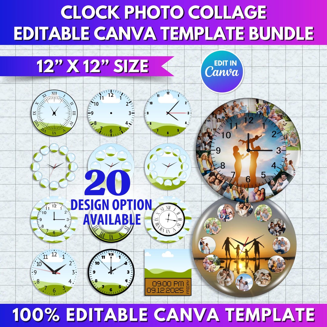 20x Clock Photo Collage Template | DIY Family Keepsake | Round Clock ...