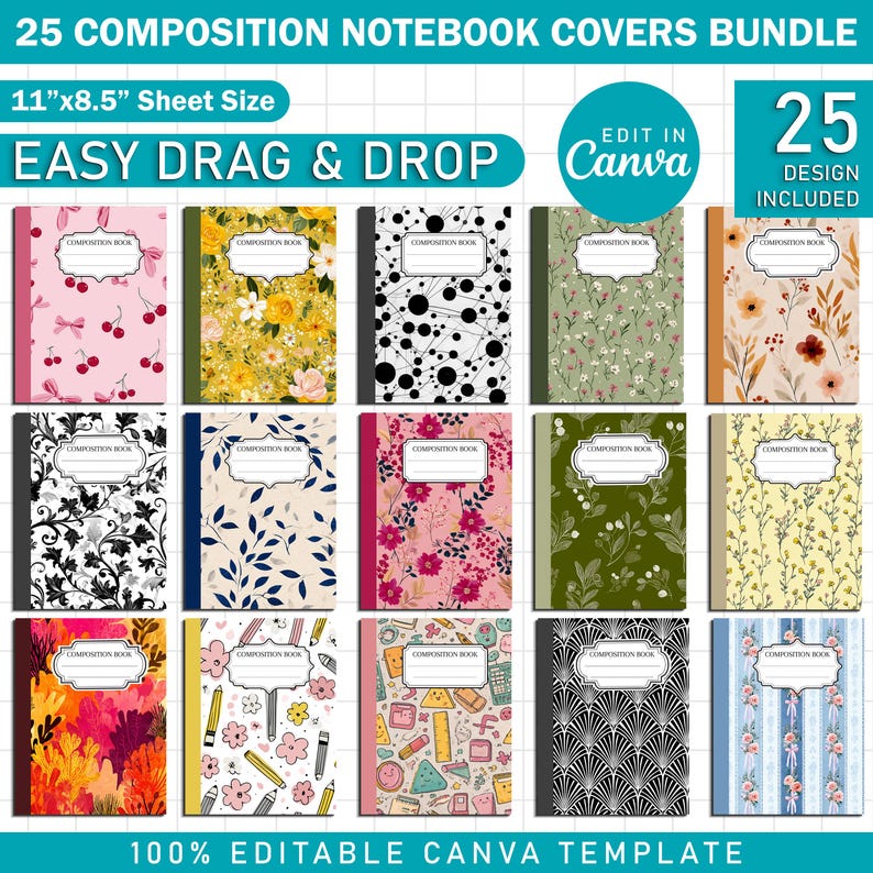 25x Composition Notebook Covers Bundle, Canva Editable Back to School ...