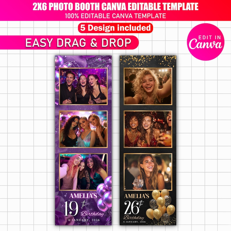 2x6 Photo Booth Canva Editable Template | 5X Birthday & Party Frame ...