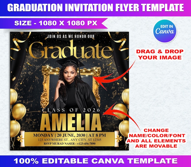 Editable Graduation Invitation Flyer | Class of 2026 Grad Party ...