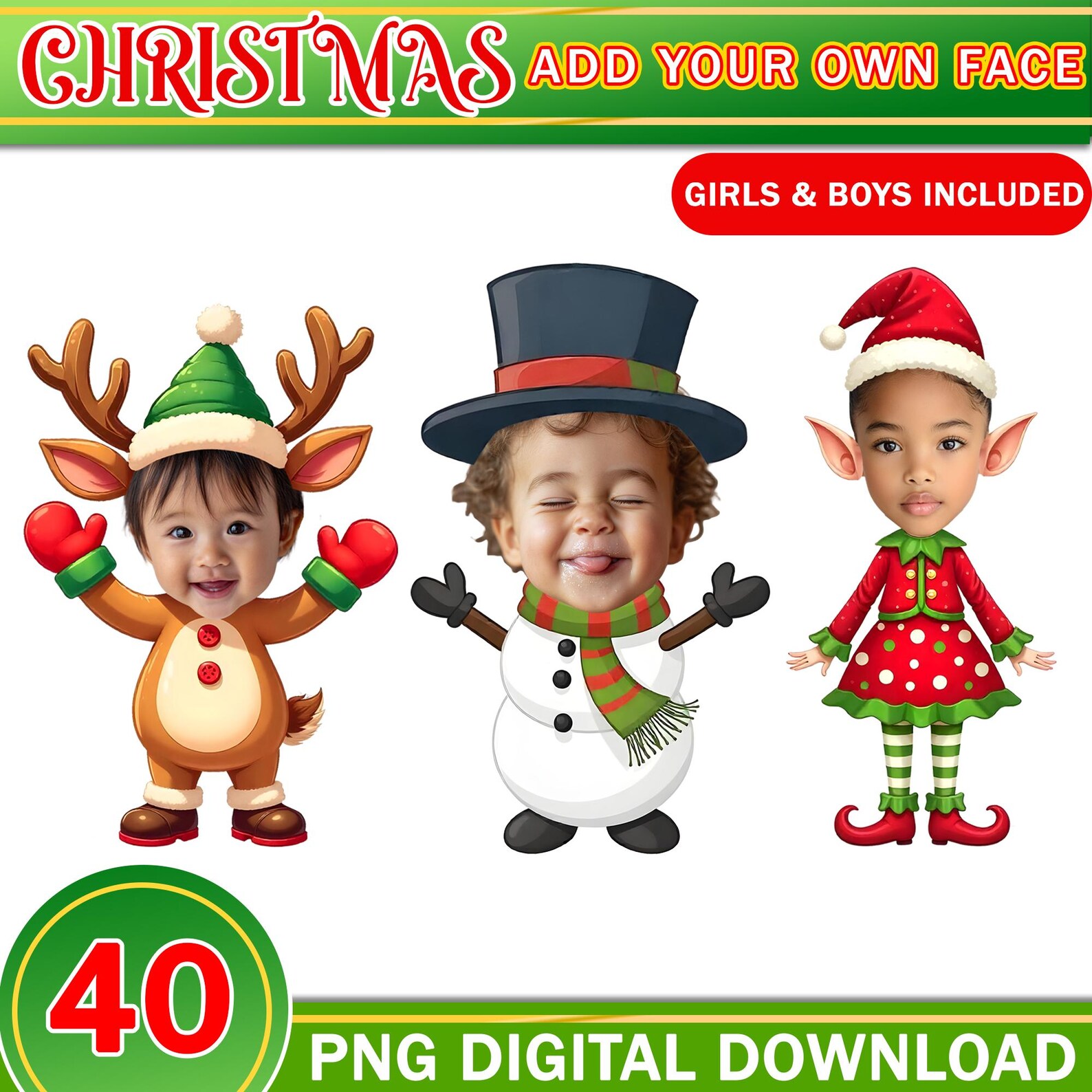 40x Christmas Add Your Own Photo Face Bundle, DIY Elf Yourself PNG ...