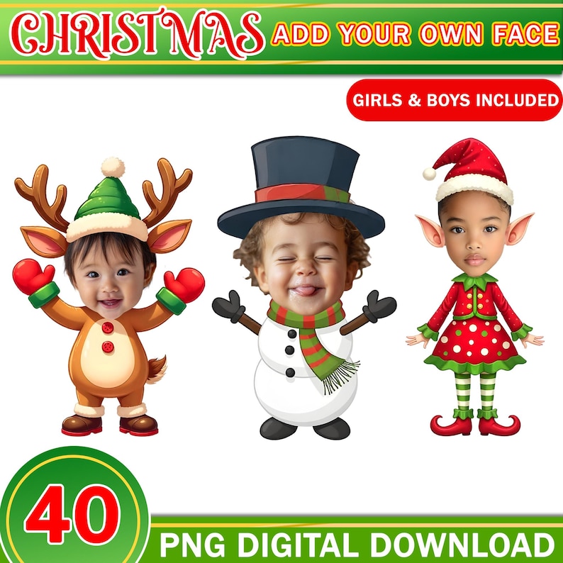 40x Christmas Add Your Own Photo Face Bundle, DIY Elf Yourself PNG ...