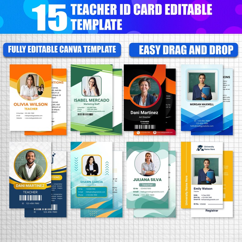 15x Teacher ID Card Canva Templates | Editable Name Badge Designs ...