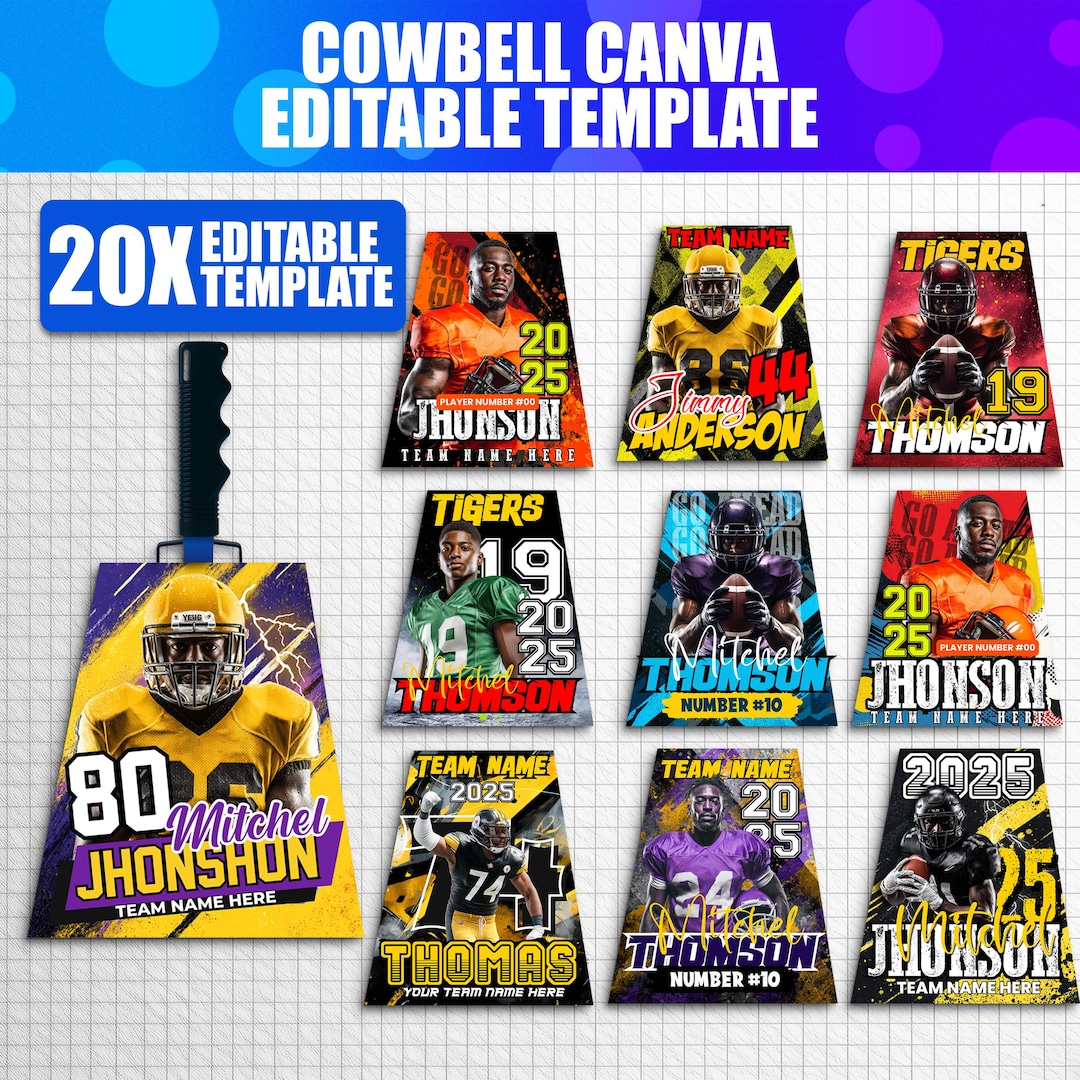 20x Cowbell Canva Editable Templates | Custom Football Cowbell Designs ...