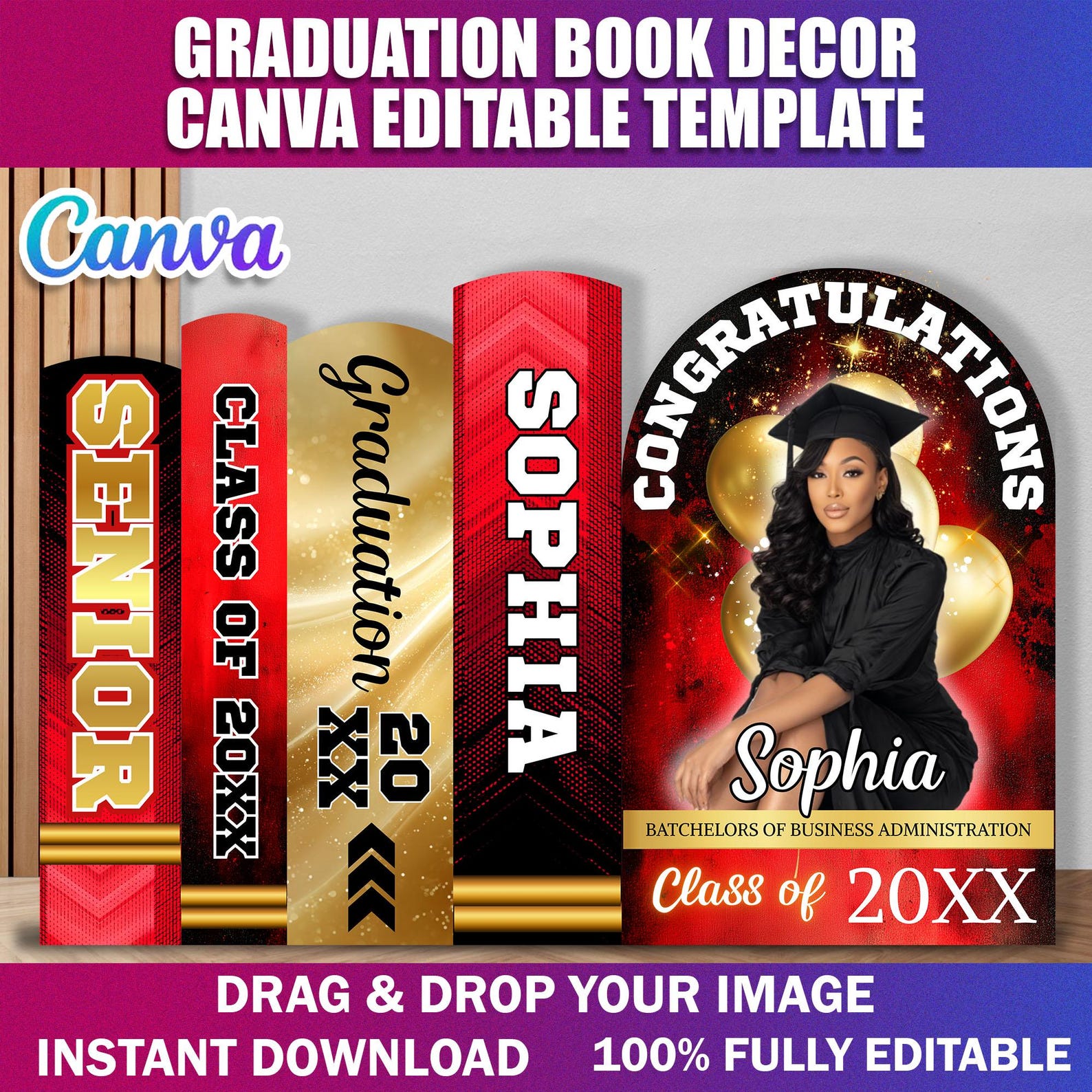 Graduation Book Decor Canva Editable Template, Red & Black Graduation ...