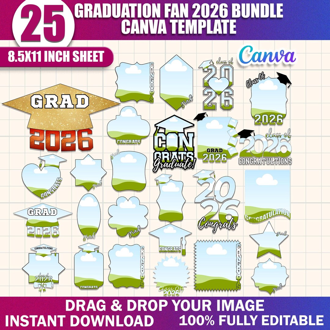 25x Graduation Fan 2026 Template Bundle | Custom Grad Fan Paddle ...