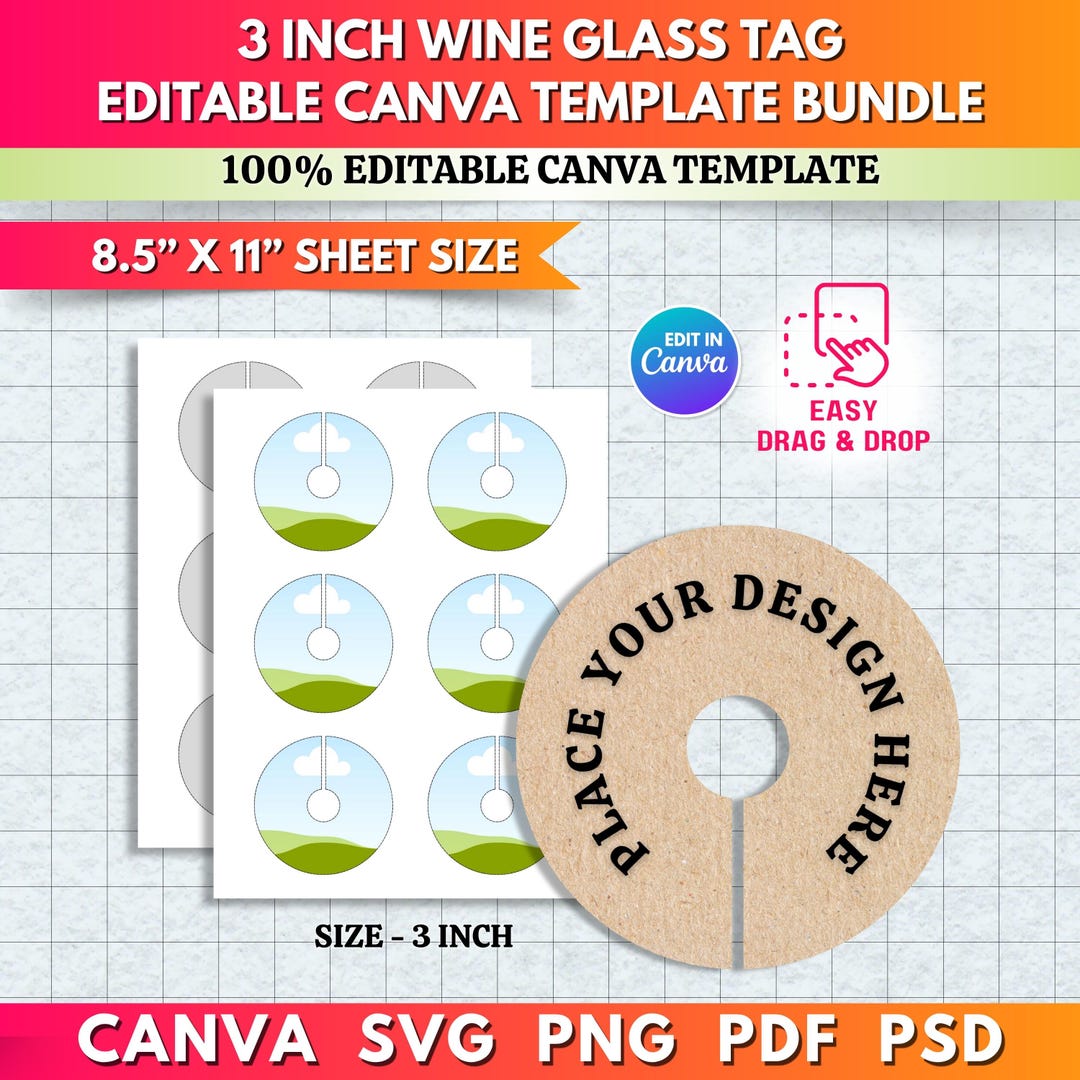 3" Wine Glass Tag Template | Editable Canva Name Tag & Glass Charm ...